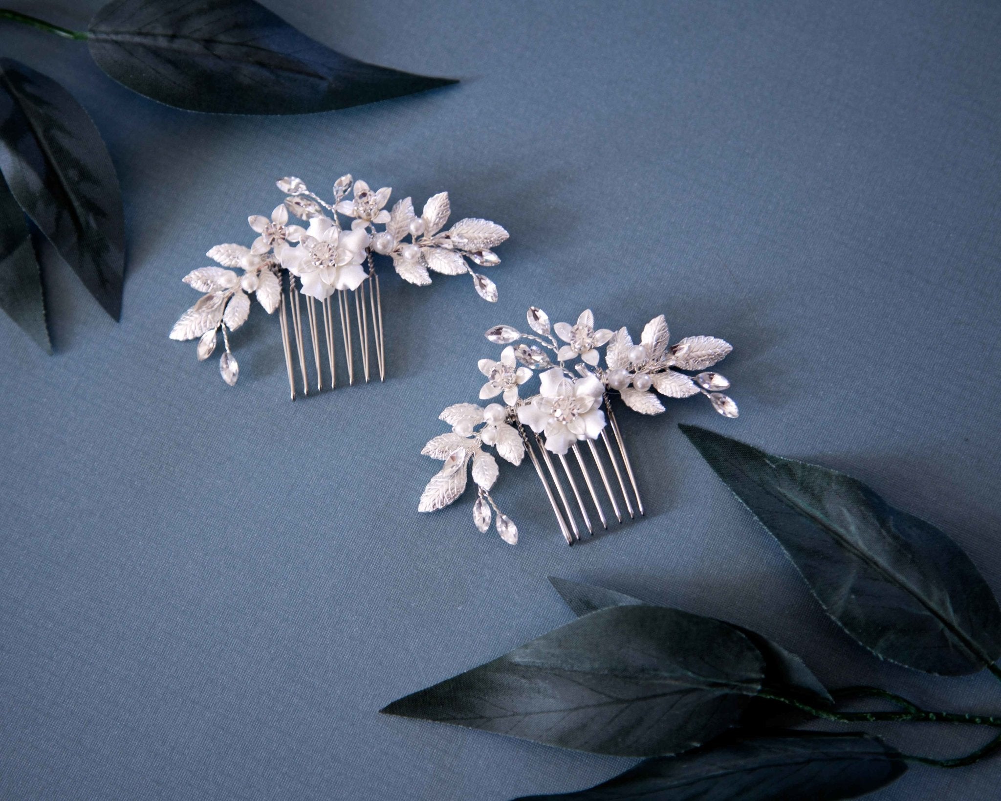 Pearl Wedding Comb with Porcelain Luster Flower - Cassandra Lynne